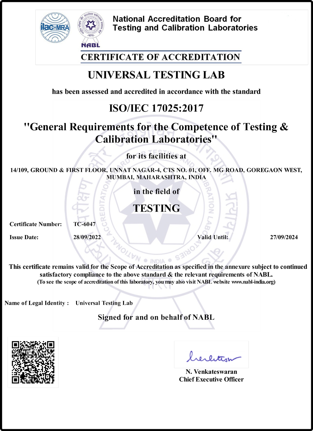 Certification - Universal testing lab